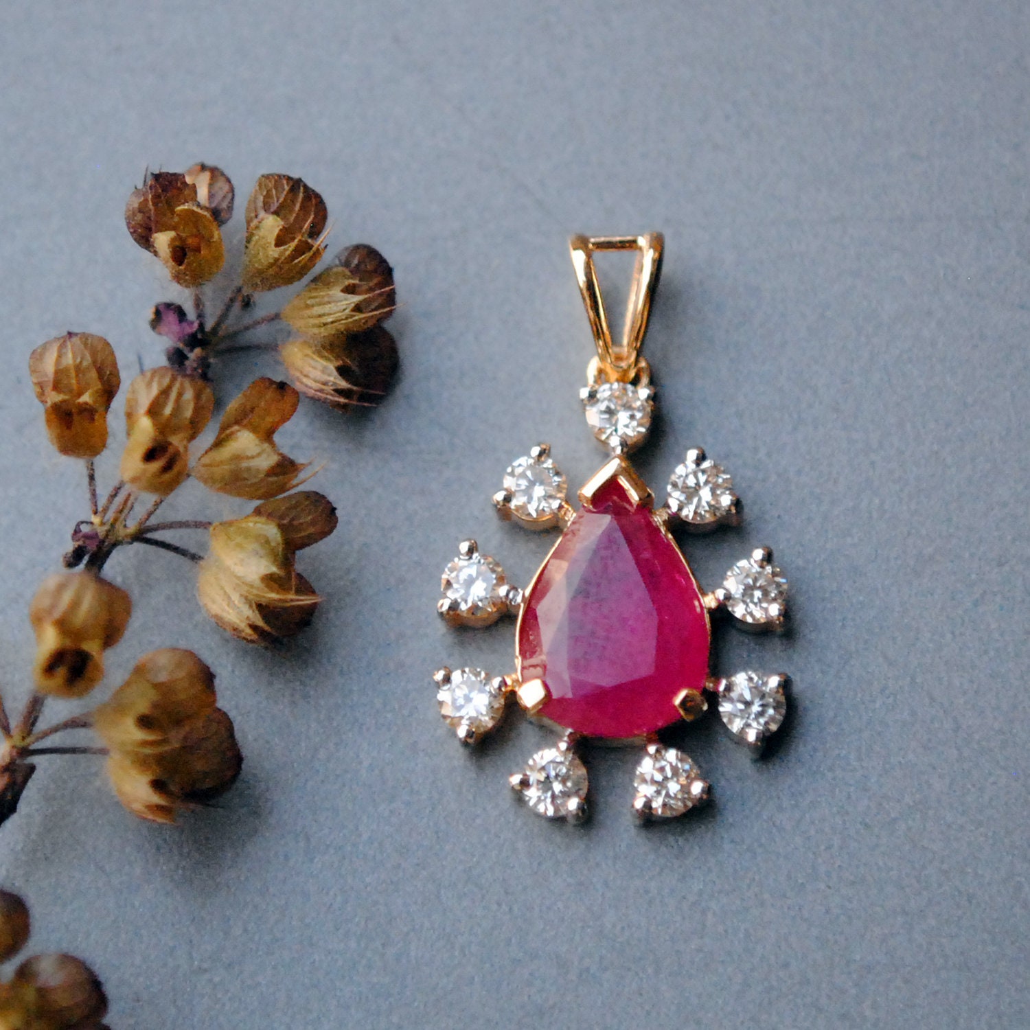 Pear Shaped Ruby Pendant With Diamond Halo Everyday Ruby and | Etsy