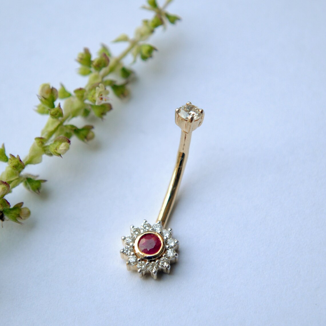 Natural Diamond and Ruby Belly Button Ring 14K Solid Gold | Etsy