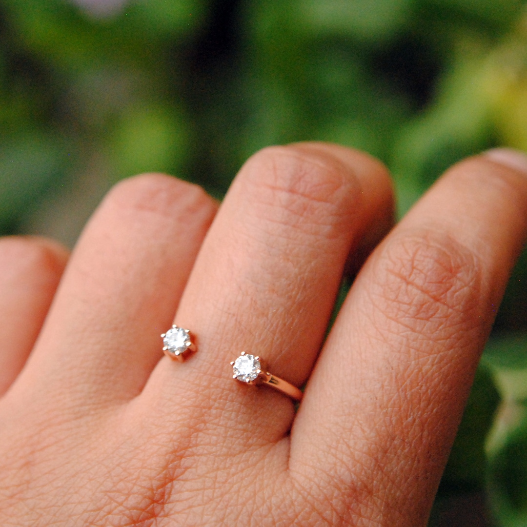 Two Diamond Open Ring, 14K Gold Stack Wedding Band, Right Hand Ring ...