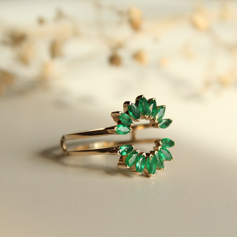 Natural Green Emerald Ring Guard,14k 18K Solid Gold Round Engagement ...
