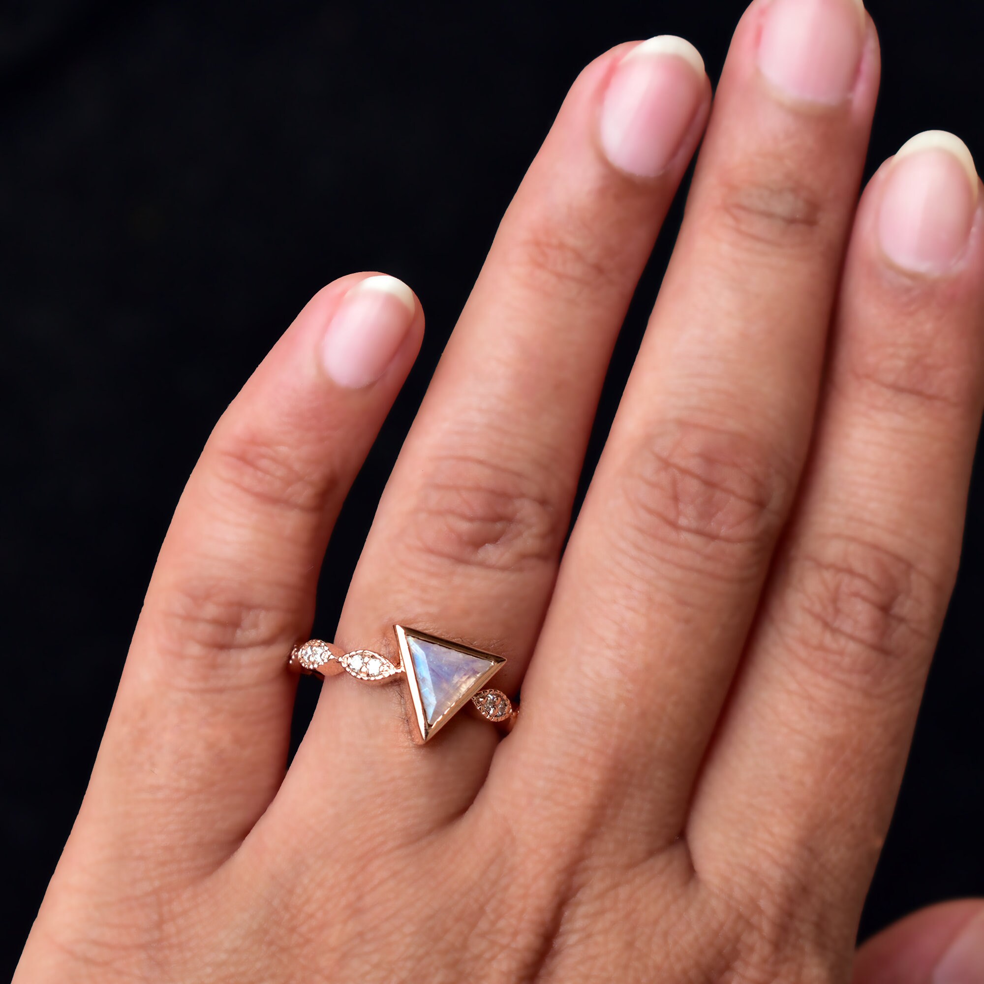 Triangle Moonstone Engagement Ring with Diamond Studded Band | Etsy