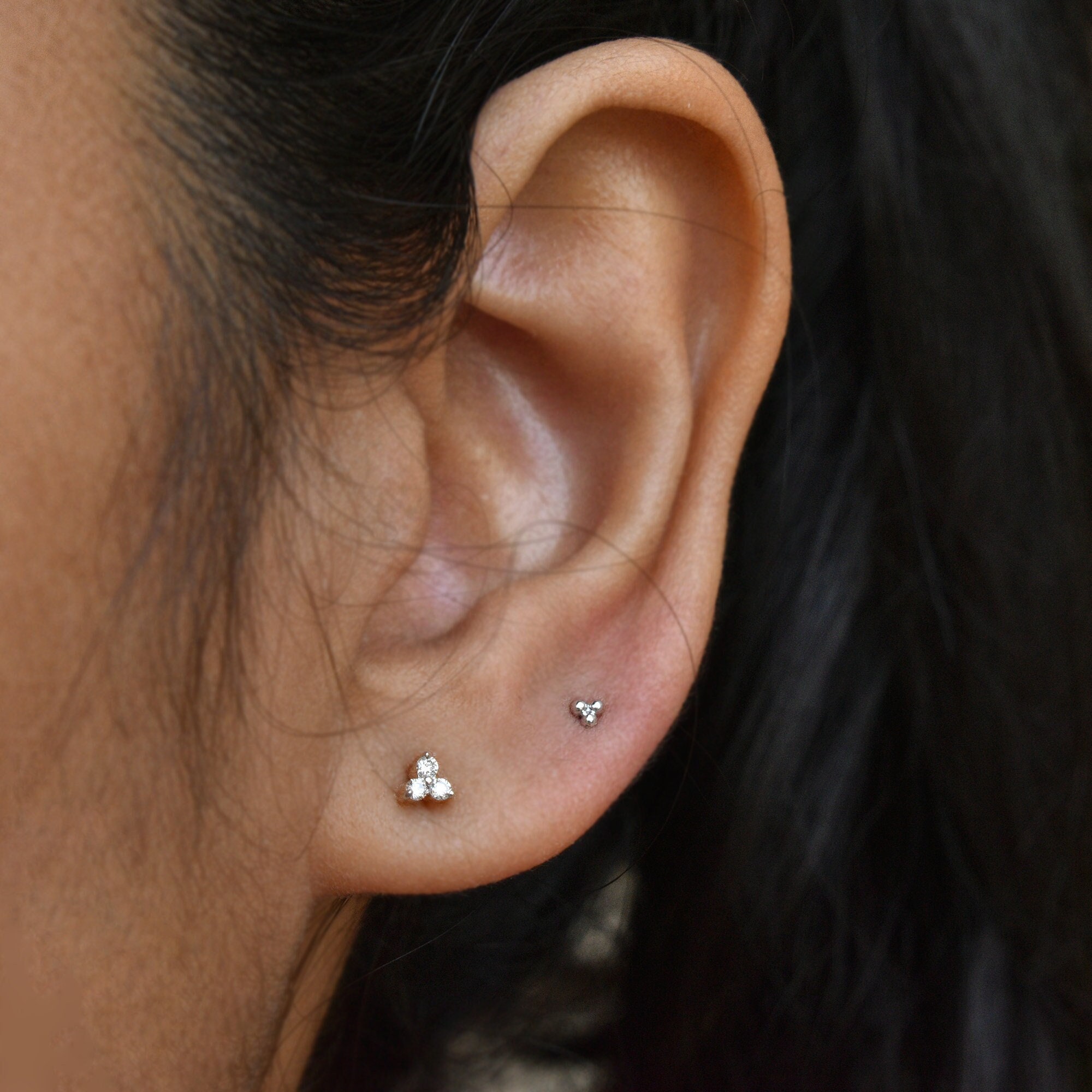 Set of 2 Genuine Diamond & 14k Solid Gold Trinity Stud Ear Nose Tragus ...