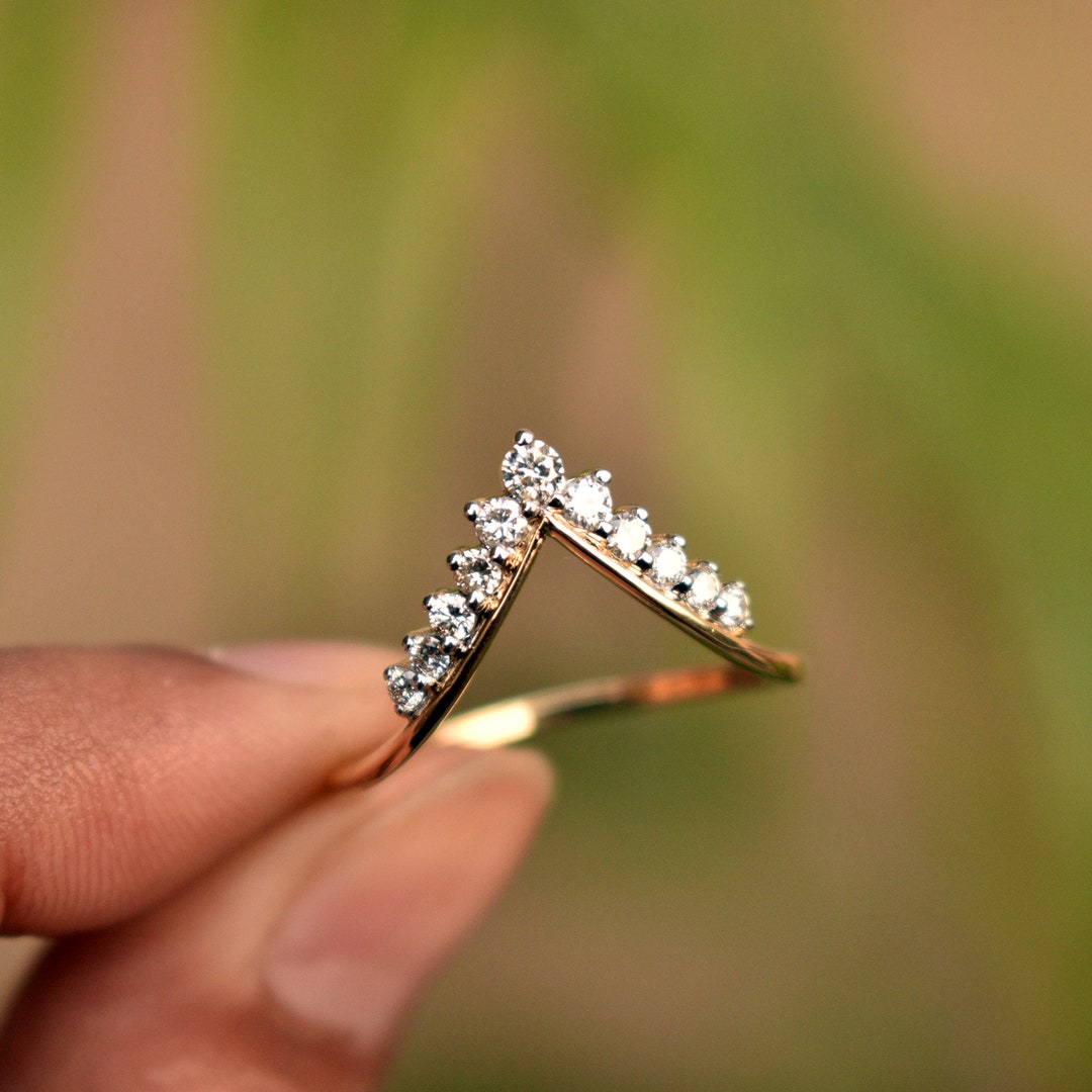11 Diamond Deep V Chevron Stack Ring in 14K Solid Gold, Crown Tiara ...