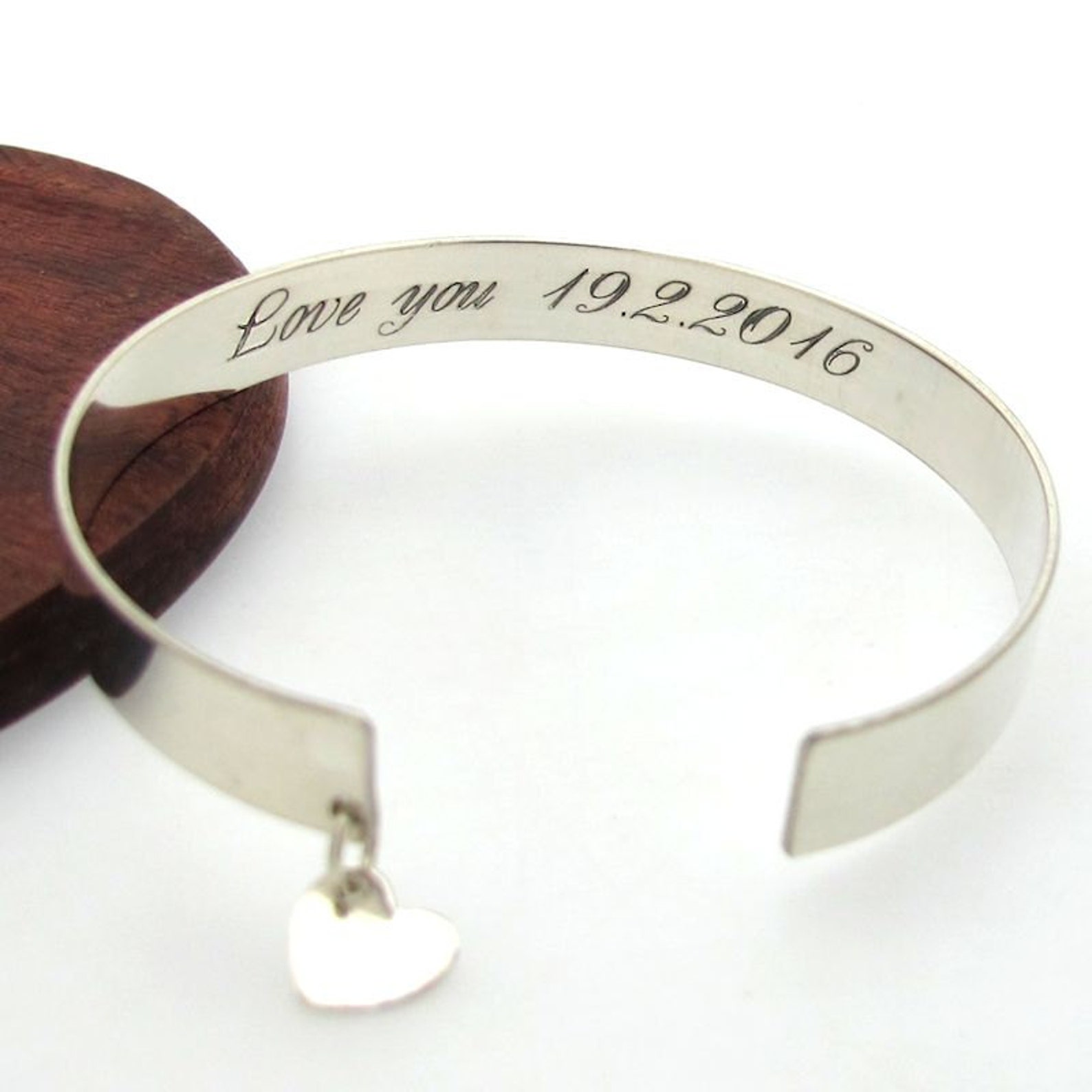 Engraved Heart Charm Cuff Bracelet Custom Message Inspiration Cuff ...