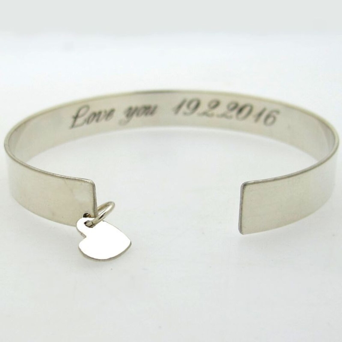 Engraved Heart Charm Cuff Bracelet Custom Message Inspiration Cuff ...