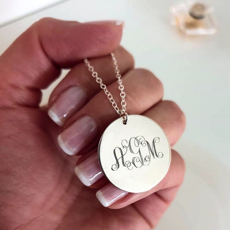 Disc Monogram Necklace Gold Initial Engraved Large Pendant Etsy