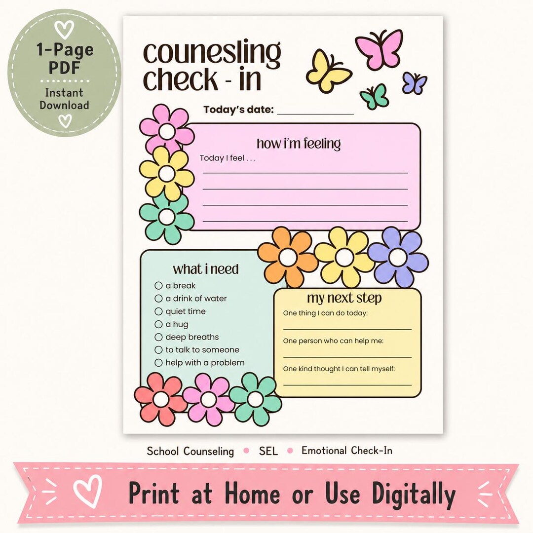 Counseling Check in Worksheet for Kids, School Counseling Printable ...