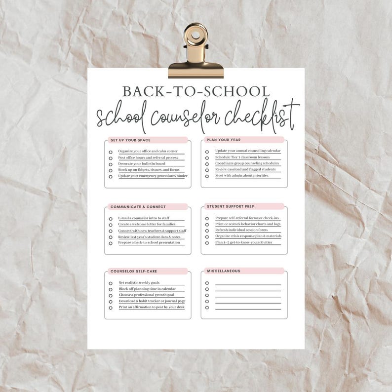 Back-to-school School Counselor Checklist | 1-page PDF | Counseling ...