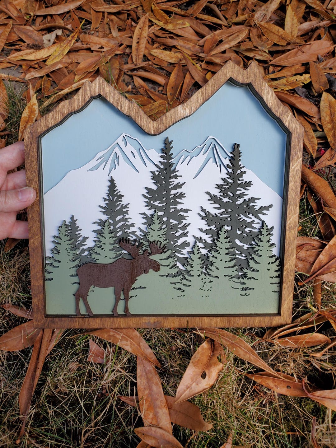 Layered Moose Sign, Mountain Decor, Rustic Home Decor, Evergreen Trees ...
