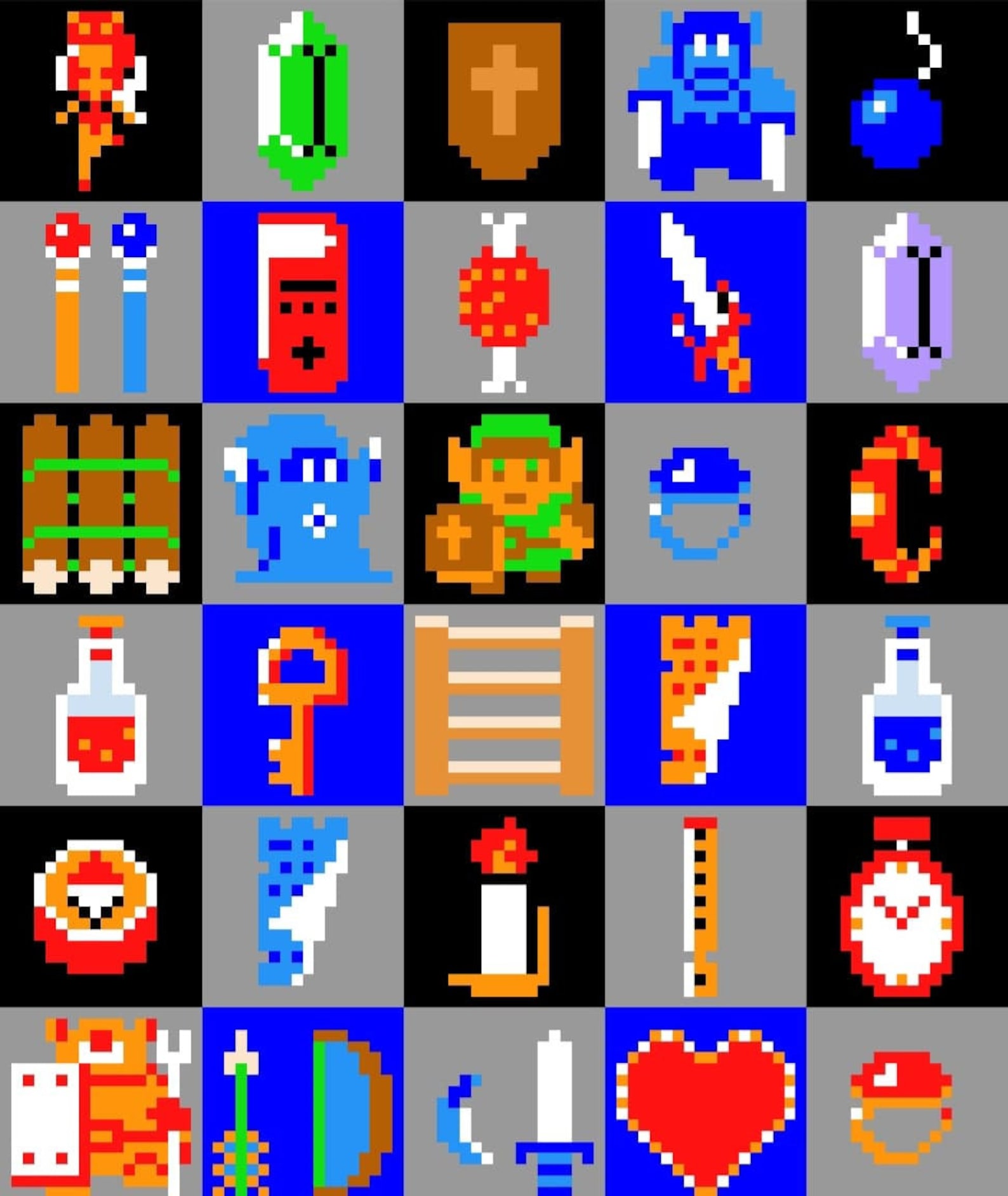 Zelda 8 Bit 80s Graphghan C2c Characters Items | Etsy