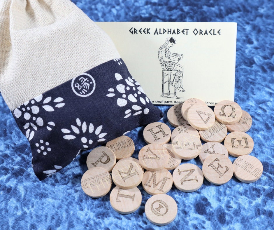 Greek Alphabet Oracle set, 24 engraved wood tiles with reference ...