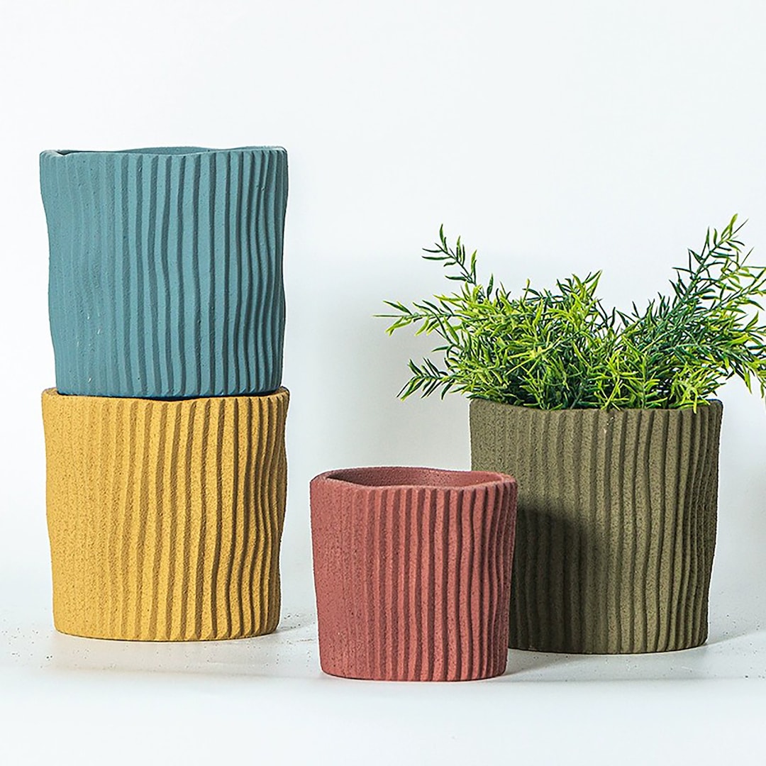 Striped Flower Pot Cement Mold Desktop Decoration Green Plants Flower ...