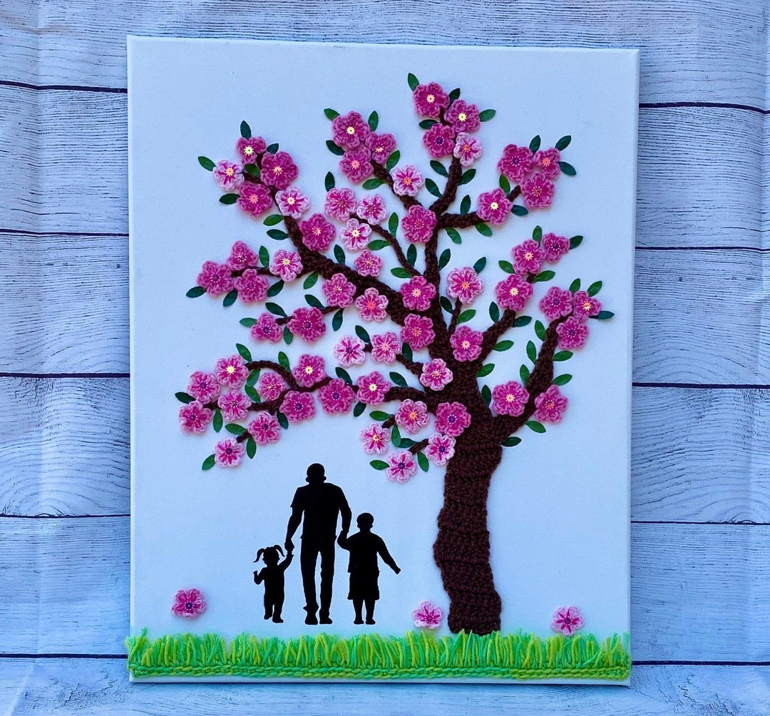 Crochet Cherry Blossom Tree Photo Canvas: Handmade Family Keepsake - Etsy