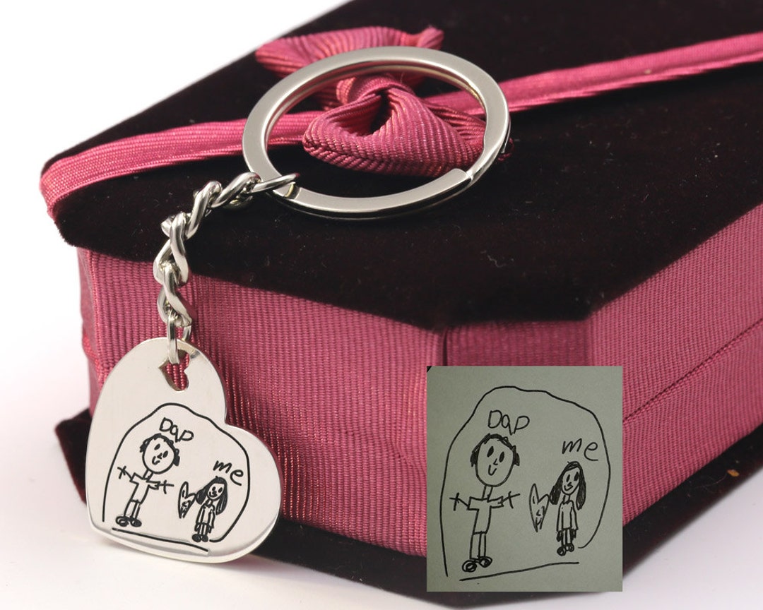 Kids Drawing Key Chain, 925 Silver Heart Keychain, Engrave Handwriting ...