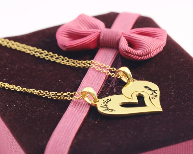 Gold Double Heart Necklace Custom Name Engraved Break Heart Etsy