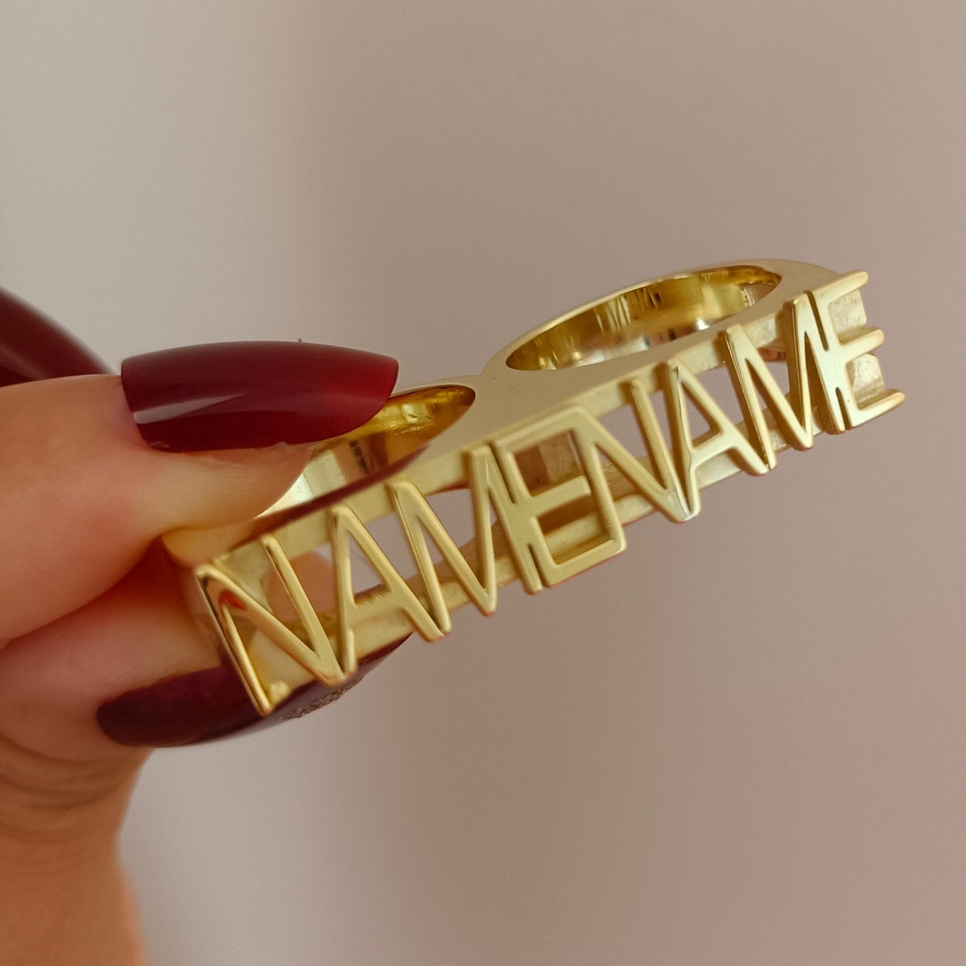Double Finger Name Ring Gold, Personalized Double Finger Ring, Custom ...