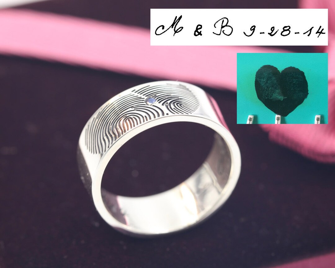 8mm Sterling Couple Fingerprint Ring, Custom Hand Written Ring,wide ...