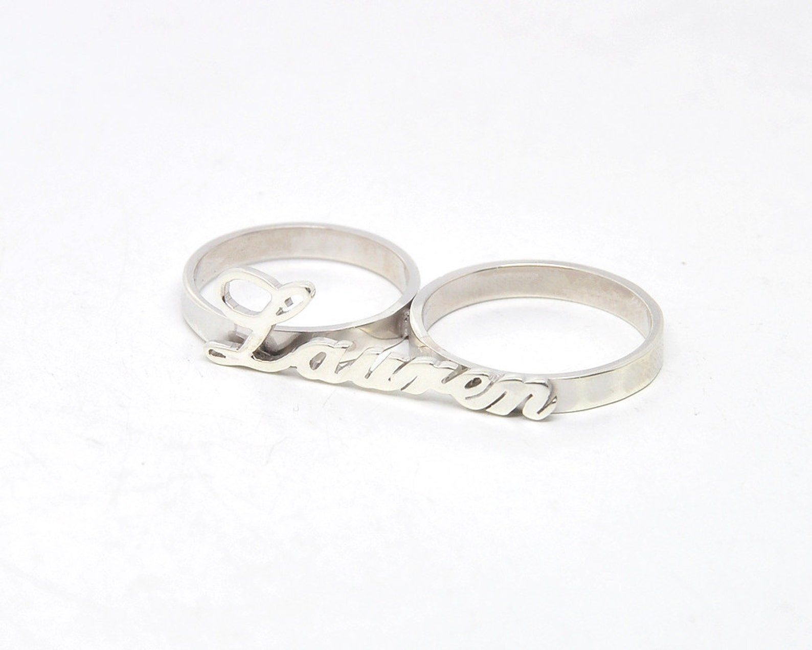 Two Finger Name Ring, Personalized Nameplate Double Ring, Silver Cut ...