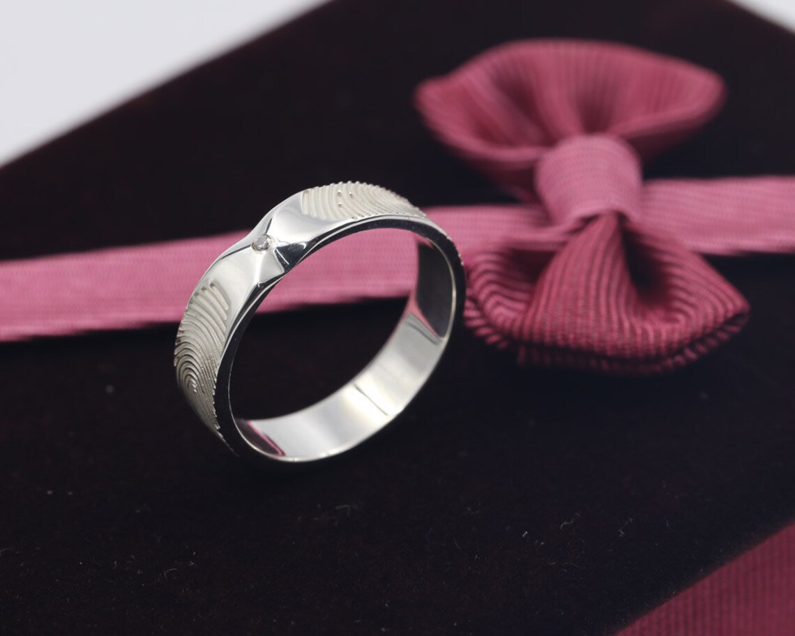 Personalized Fingerprint Ring Set, Custom Diamond Wedding Band, 925 ...