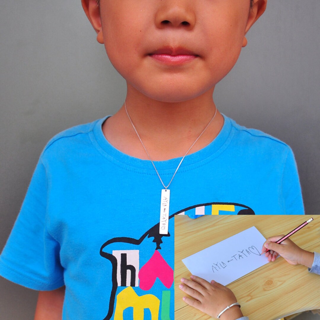 Engraved Children Drawing Necklace, Sterling Silver Vertical Bar ...