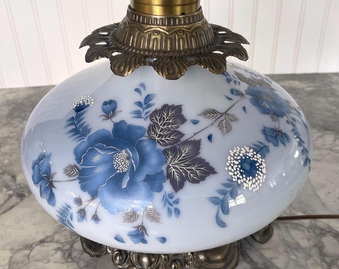 Blue Hand Painted Cottagecore Floral Hurricane Electric Lamp - Etsy