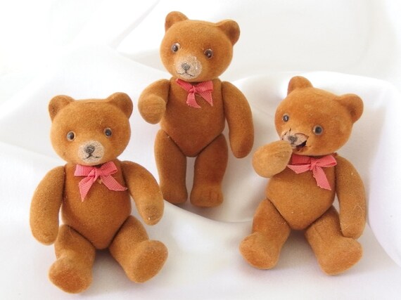 3 Vintage Flocked Jointed Brown Bears With Christmas Bows | Etsy