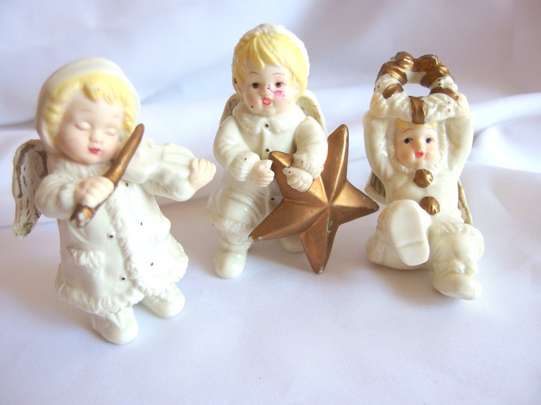 3 Vintage White Ceramic Angels With Gold Accents - Etsy