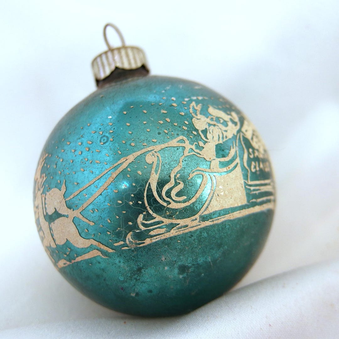 Santa, Sleigh and Reindeer Stenciled Blue Shiny Brite Christmas ...