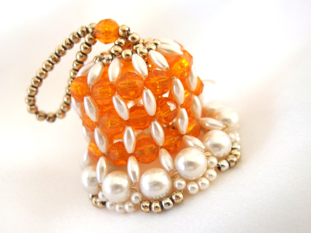 Beaded Bell Ornament - Vintage 1970's Handmade Pearl and Amber Crystals ...