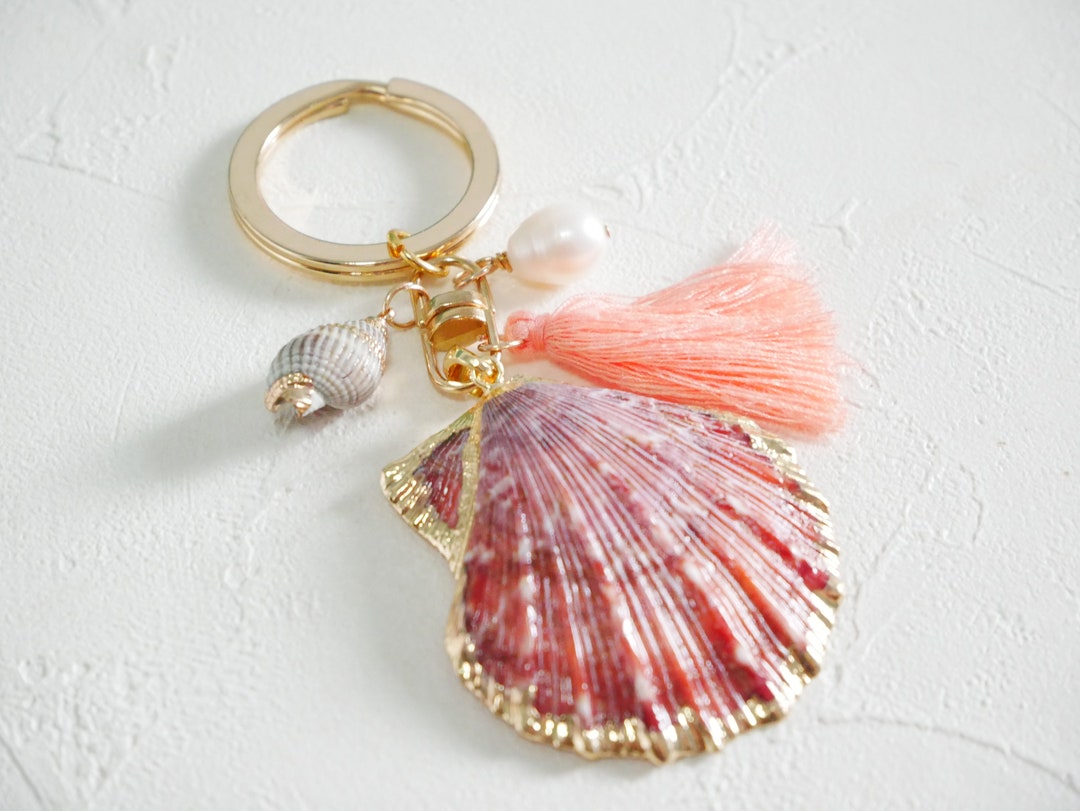Sea Shell Tassel Keychain, Gold Shell Keychain, Natural Seashell, Ocean ...