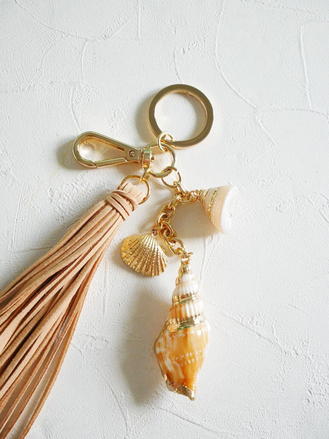 Sea Shell Tassel Gold Keychain, Gold Shell Keychain, Natural Seashell ...
