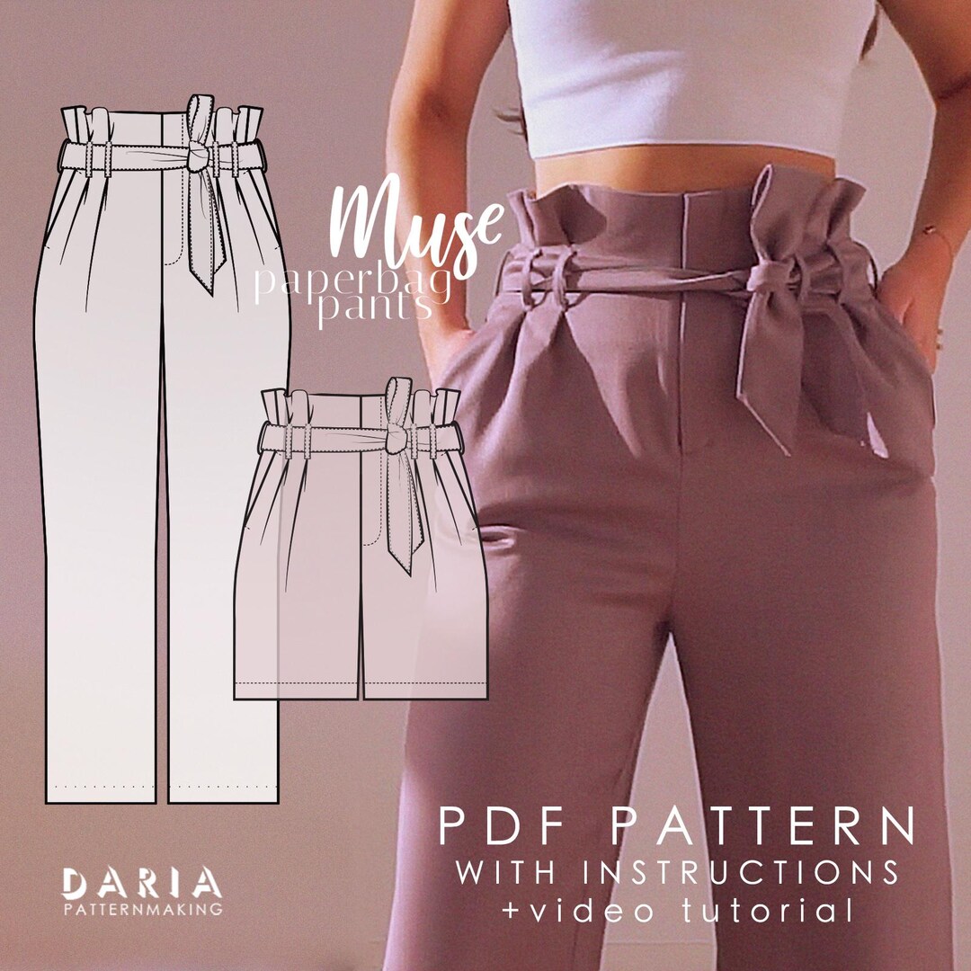 High-waist Paperbag Style Pants and Shorts - EU 32-56 US 0-24 - Instant ...