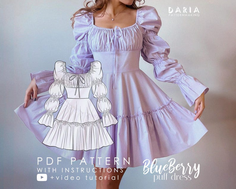 Puff Bubble Sleeve Circle Skirt Dress Sewing Pattern – Fitted Bodice ...