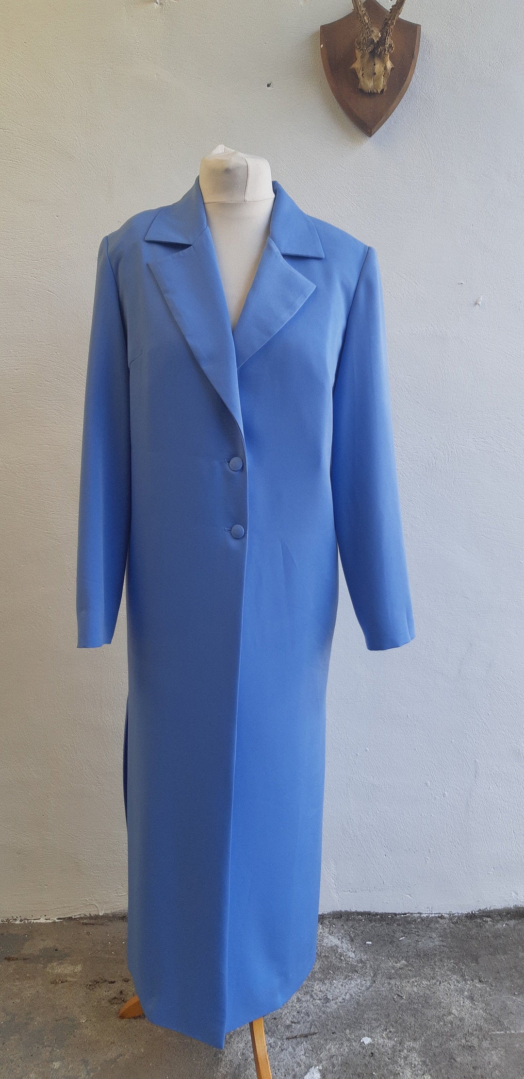 Vintage Duster Coat Full Length Blue Dress Coat With Side Splits Size ...