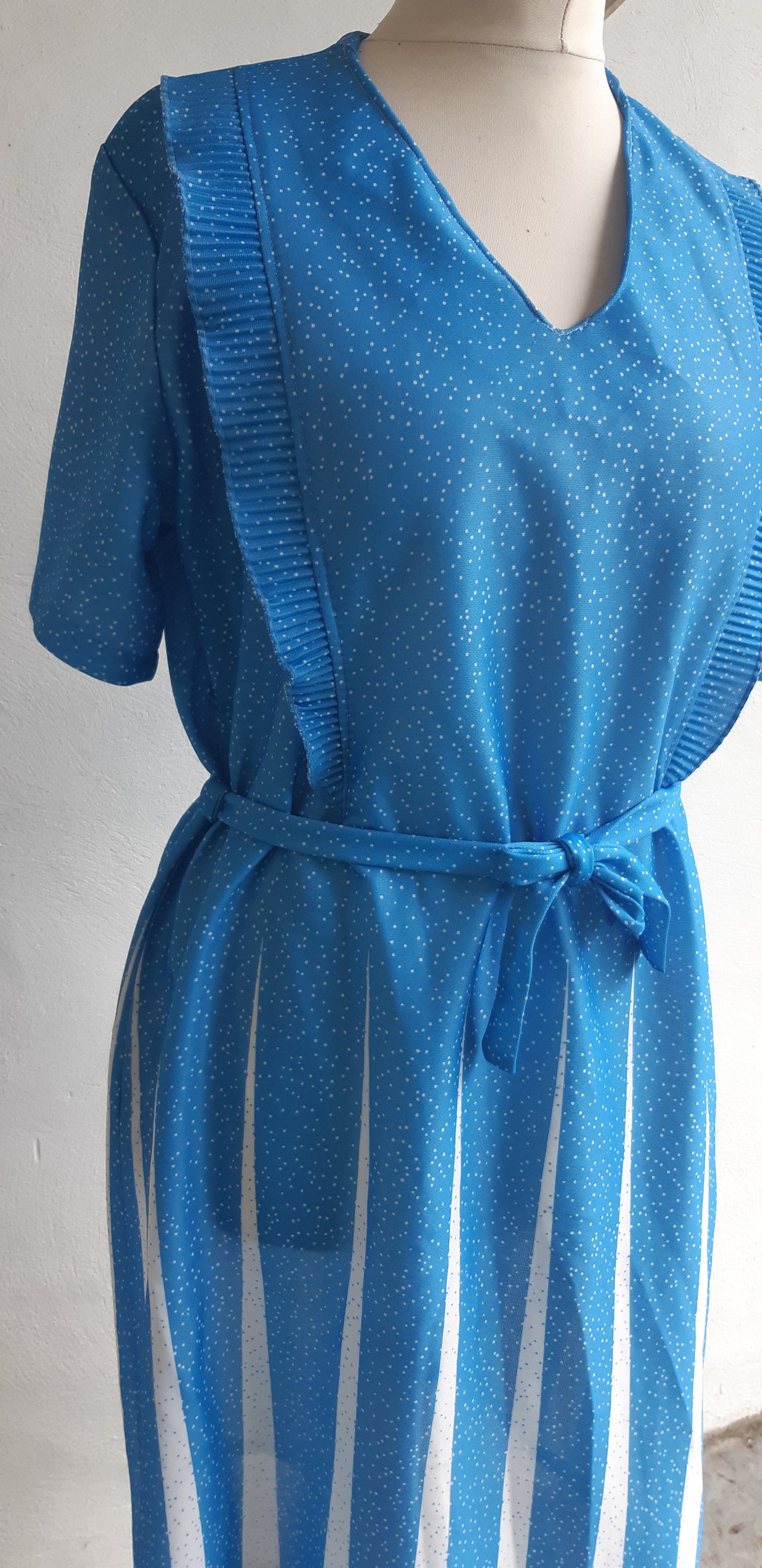 Vintage Dress 70s Blue White Spotted Dress With Matching Tie Belt Size ...
