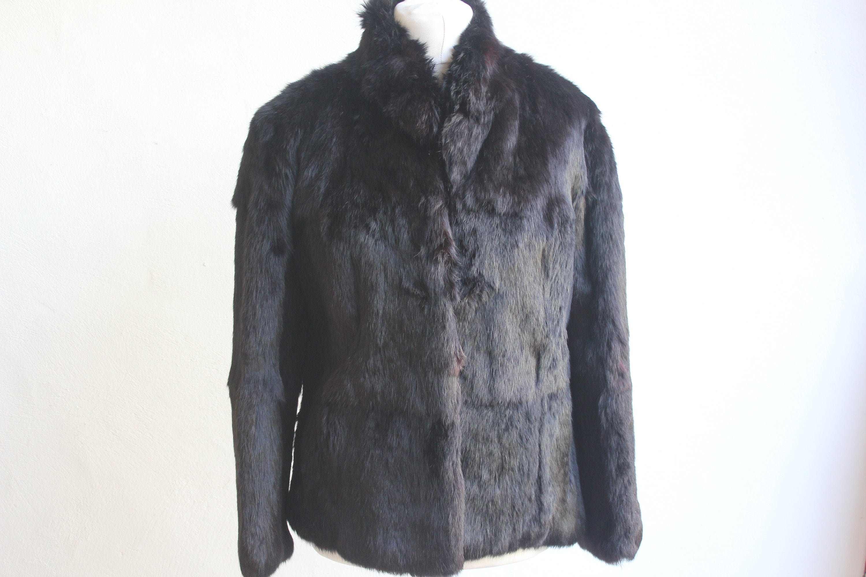 Vintage Genuine Rabbit Fur Coat 1970s Black Jacket Coat Jacket Size ...