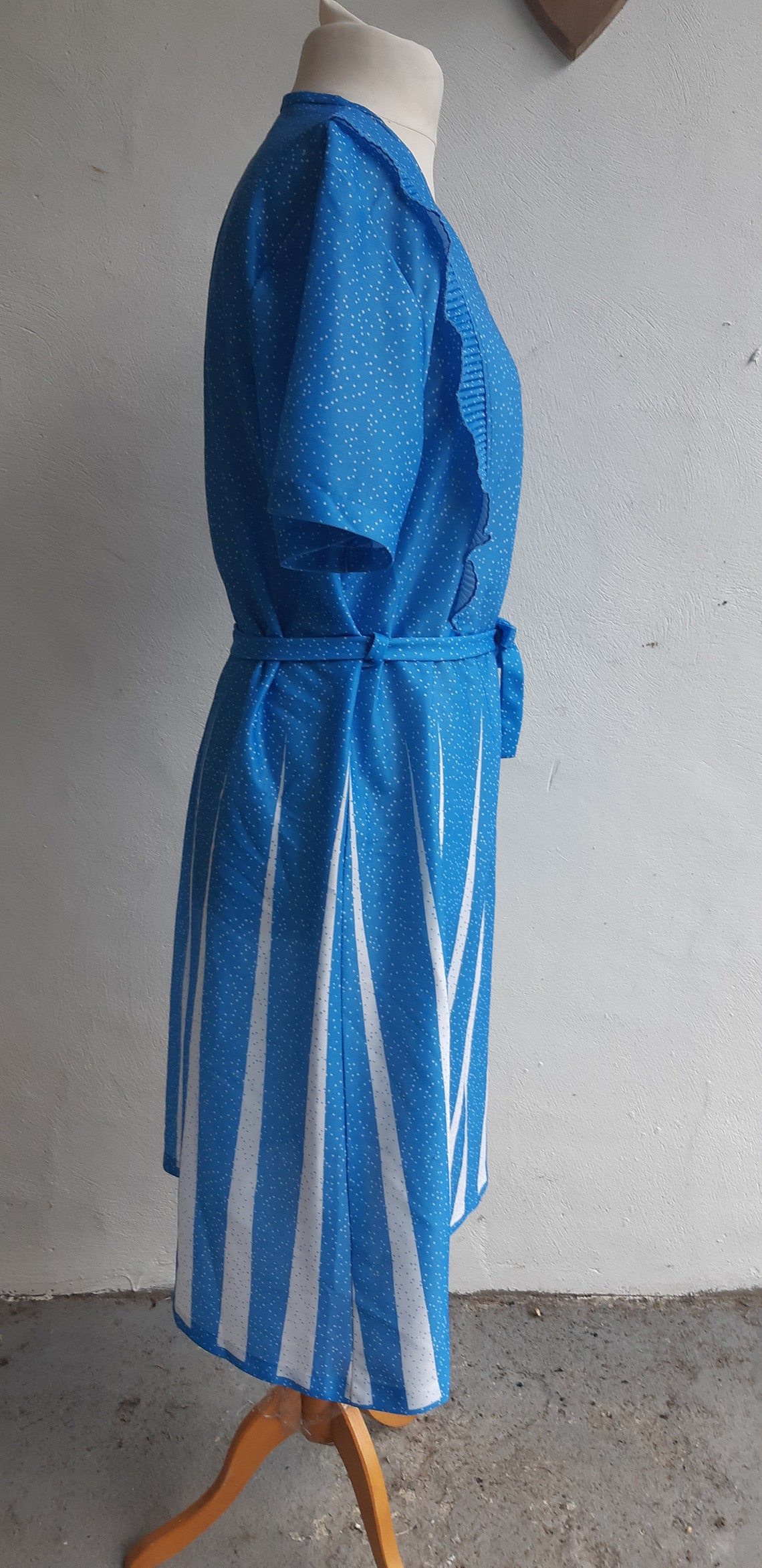 Vintage Dress 70s Blue White Spotted Dress With Matching Tie Belt Size ...