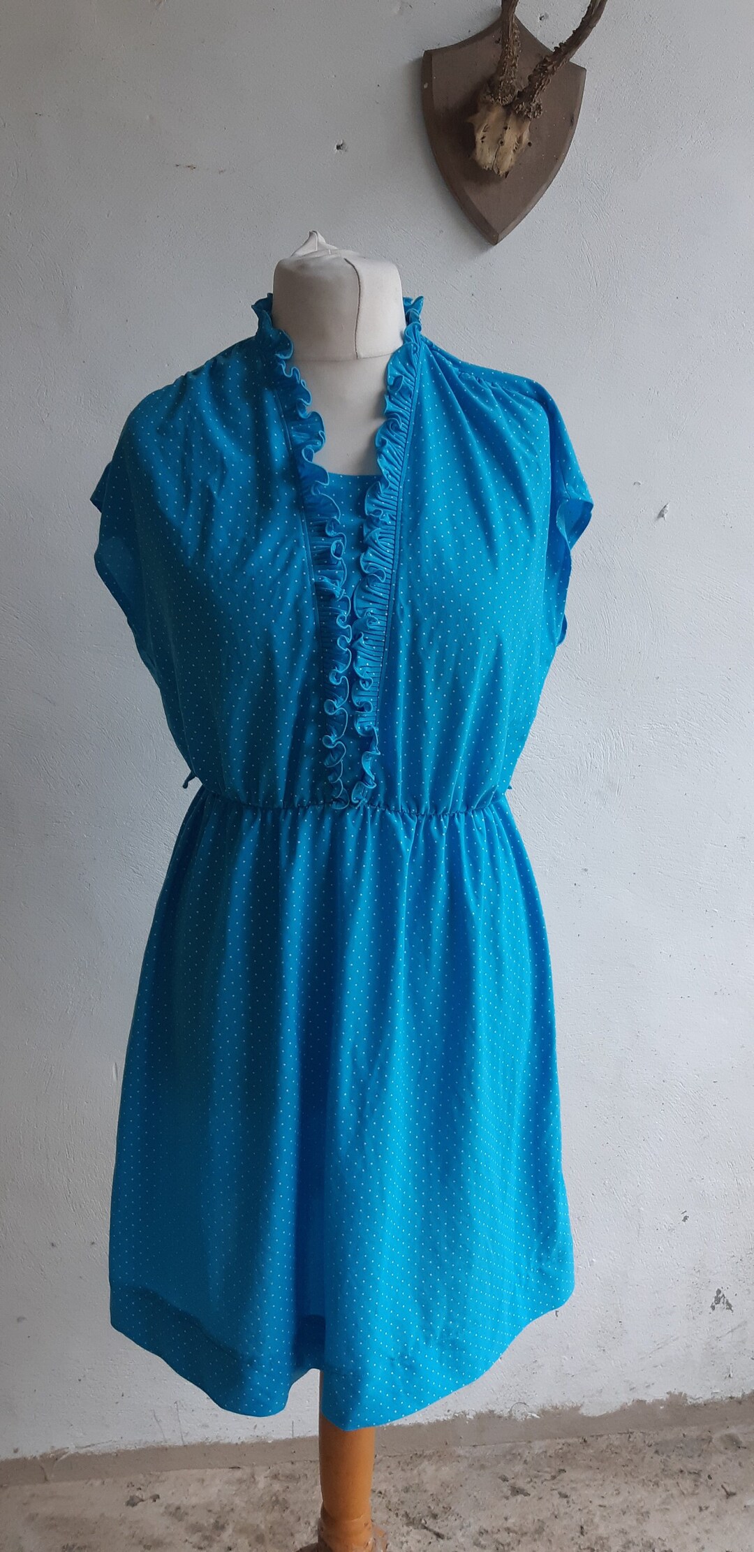 Vintage 80s Blue White Spotted Dress With Ruffled Collar Edging Size ...