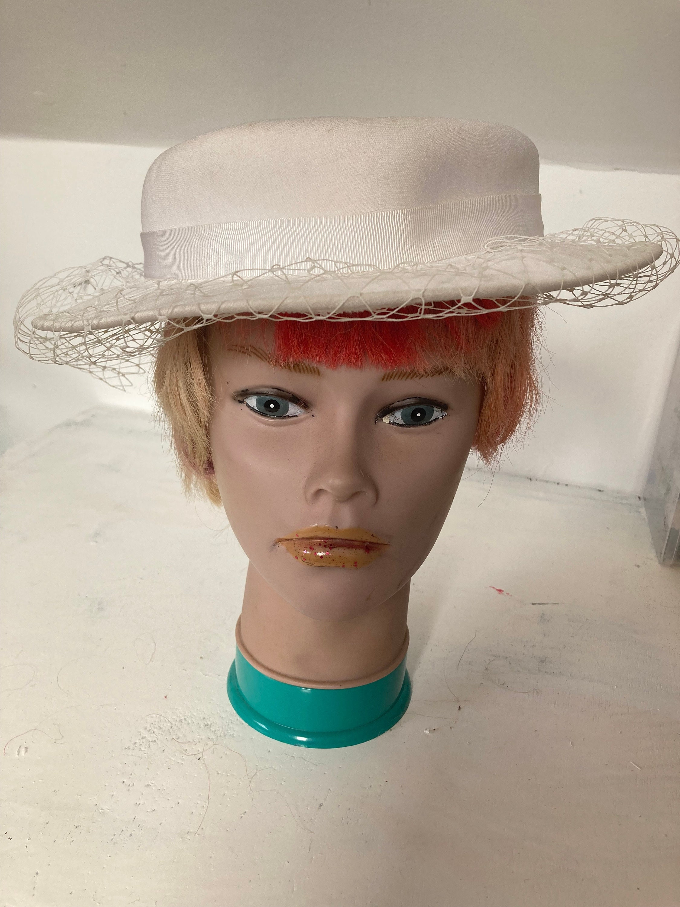 Vintage Hat Boater 80s Hat Made in Great Britain White Hat Navy Flower ...