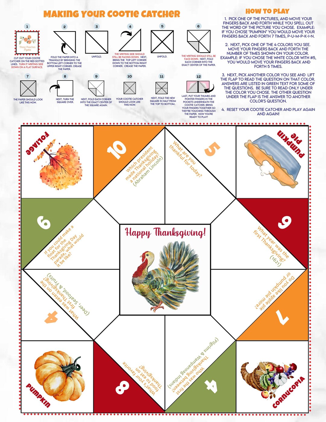 DIGITAL Thanksgiving Cootie Catcher - Etsy