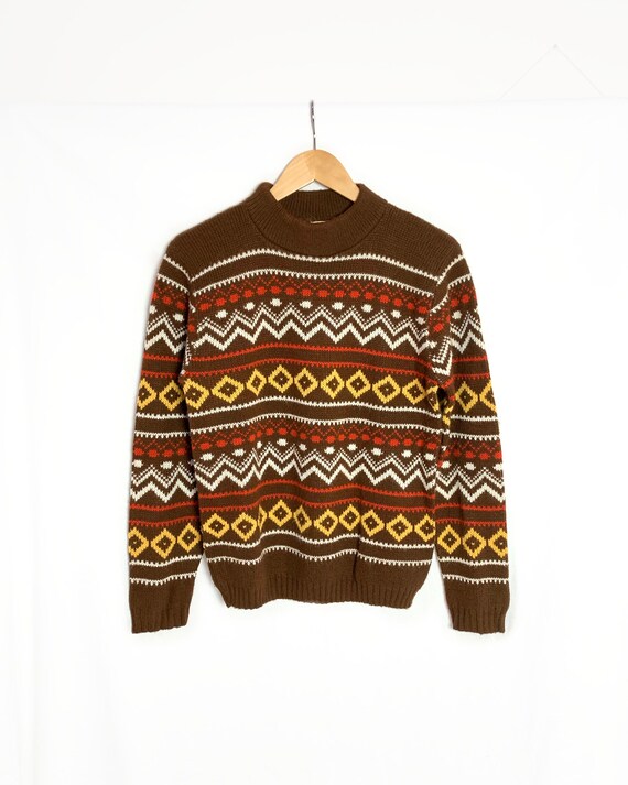 Vintage 1970s Chocolate Bold Pattern Sweater | 60s 70… - Gem