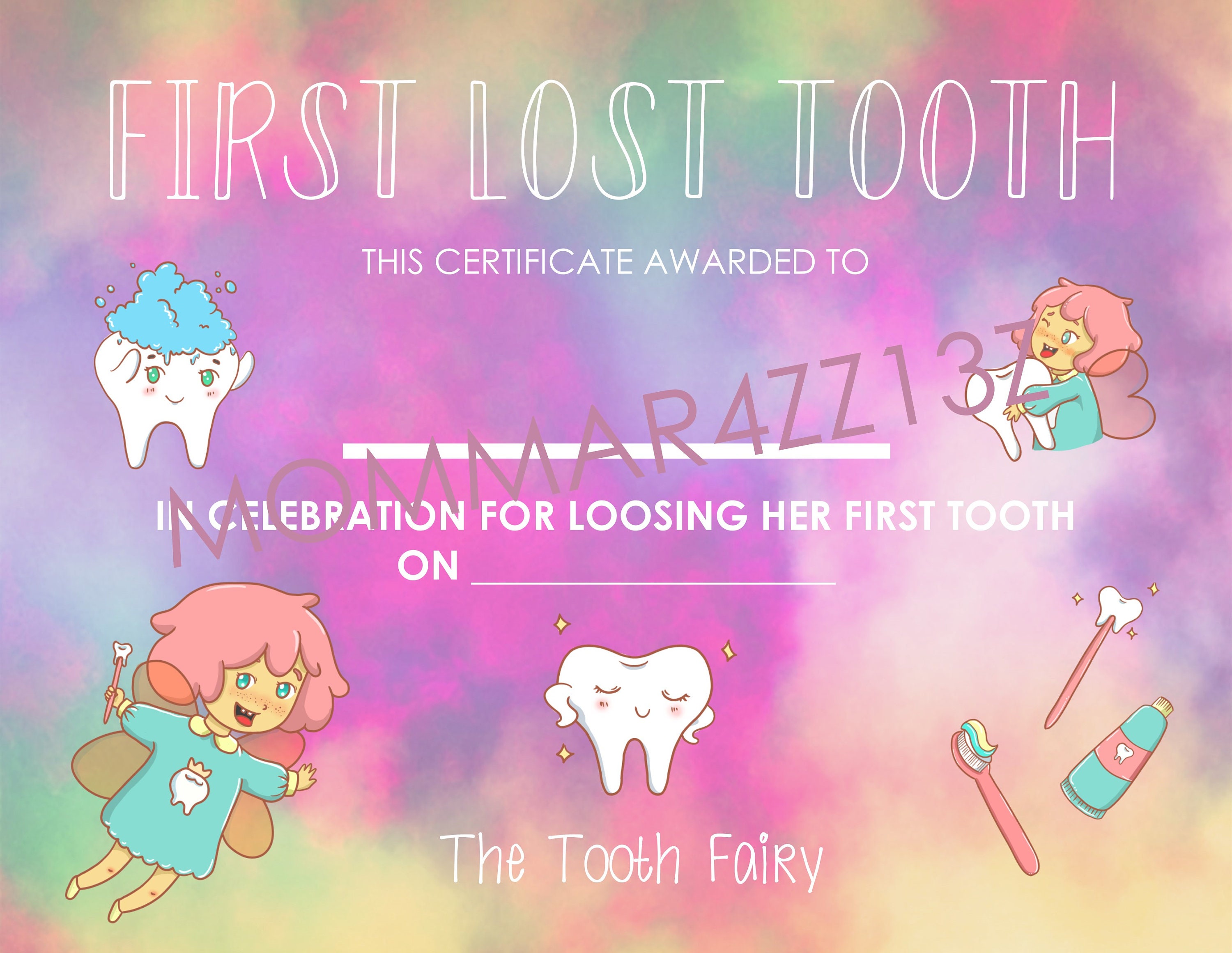 First Tooth Lost Tooth Fairy Certificate Instant Download - Etsy