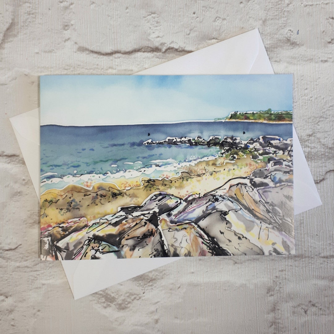 Beach Scene Card Avon Beach Painting Rocky Beach Art - Etsy