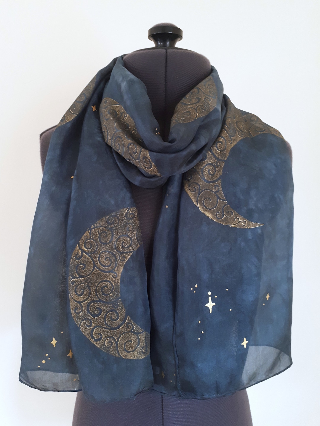 Gold Moon Silk Scarf ~ Lino Printed Silk Scarf, Black and Gold Scarf ...