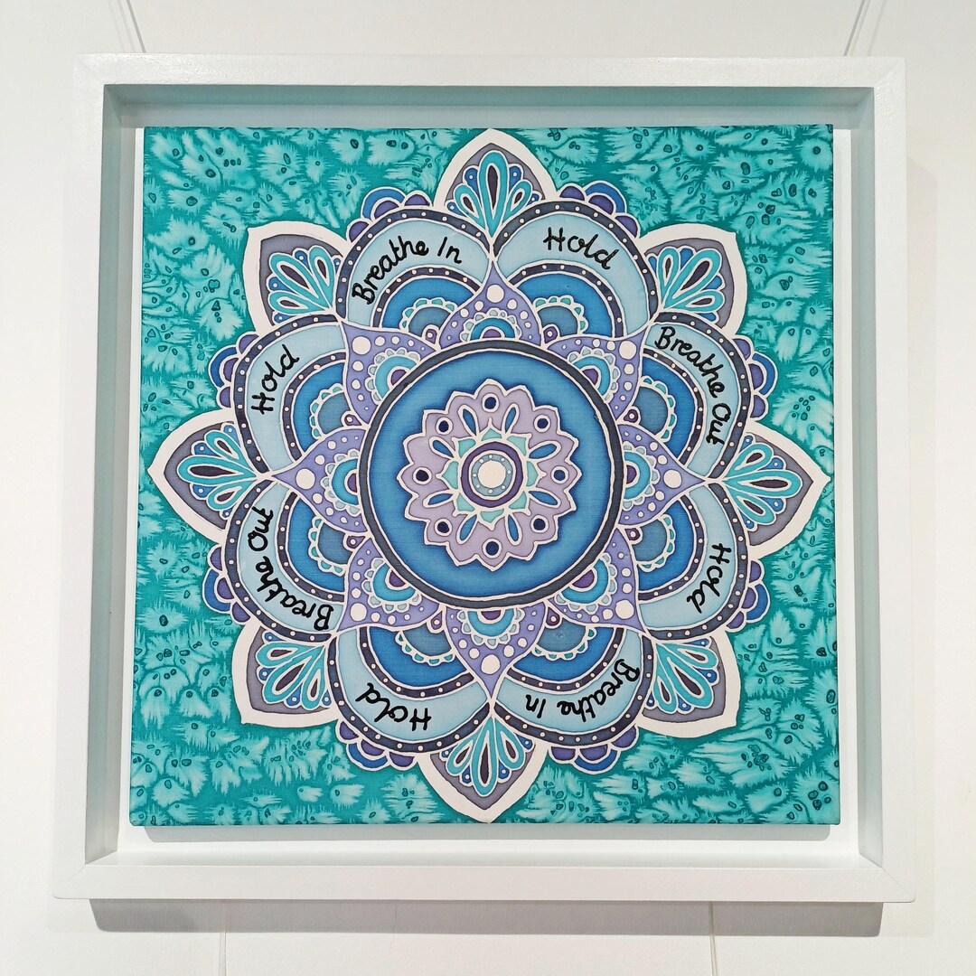 Breathe Silk Painting: Framed Blue Mandala Art, Mindfulness Decor - Etsy