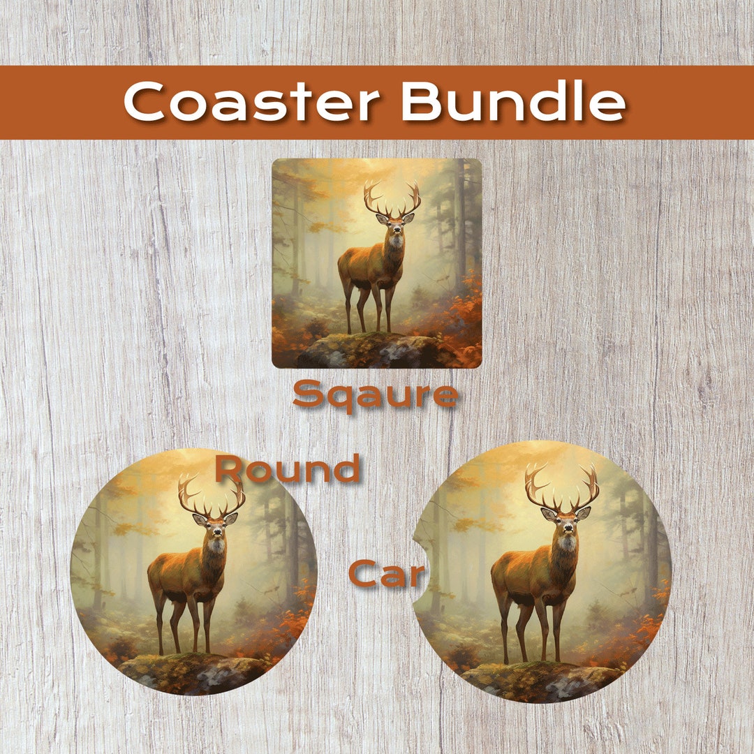 Buck Deer Autumn Coaster Bundle, Car Square and Round Coaster ...
