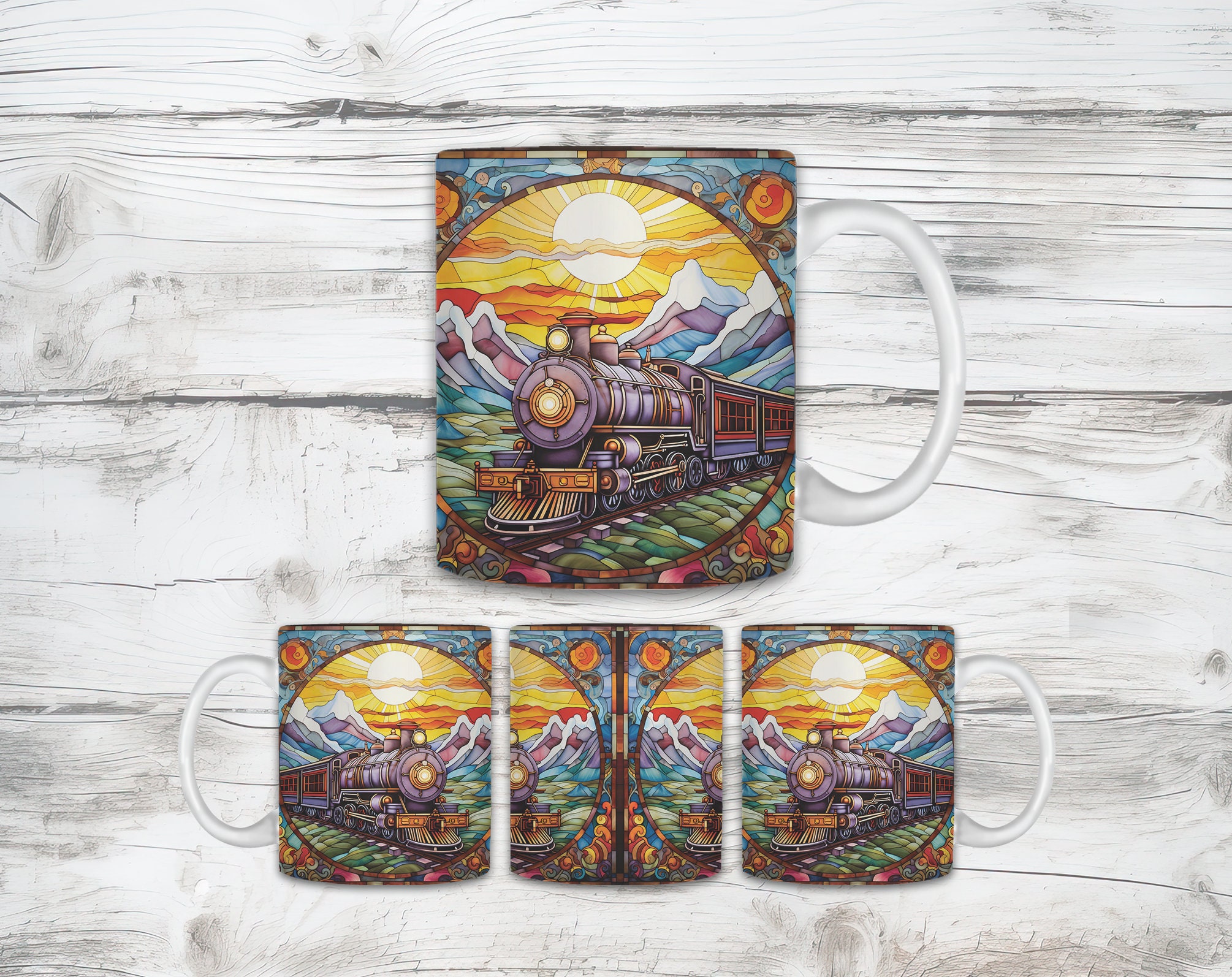 Stained Glass Train Mug Wrap PNG, Digital Design Download PNG, Full ...
