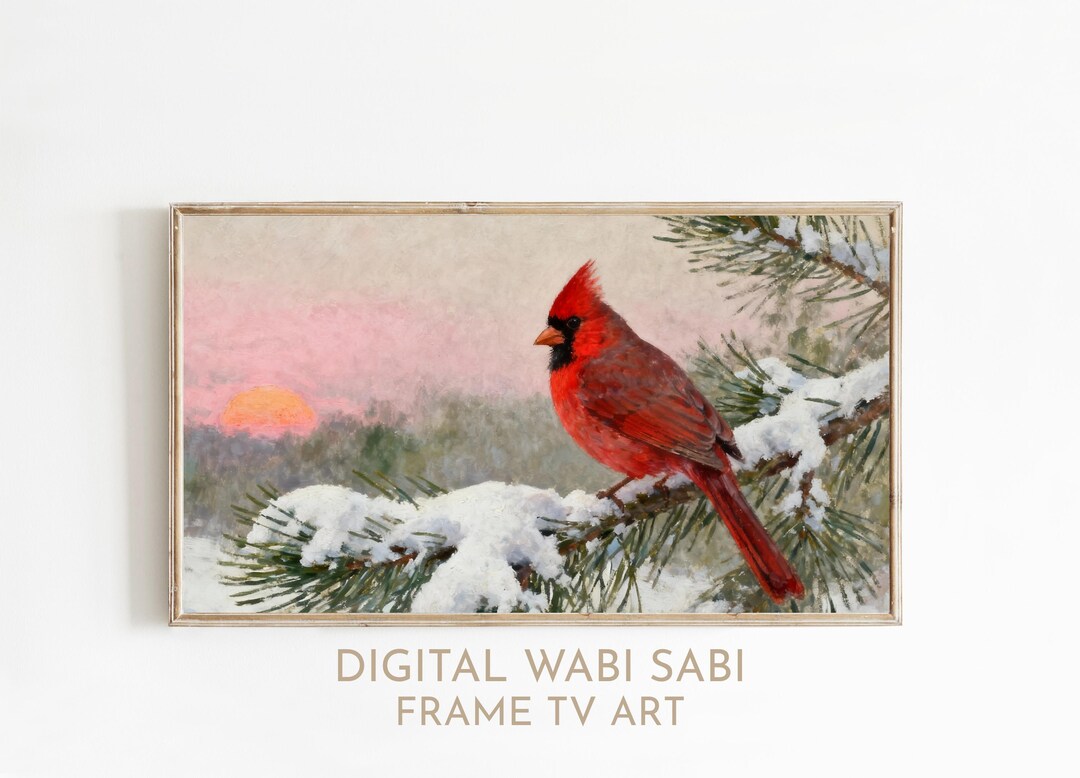 Cardinal Winter Bird Frame TV Art, Snowy Sunset Christmas Decor ...