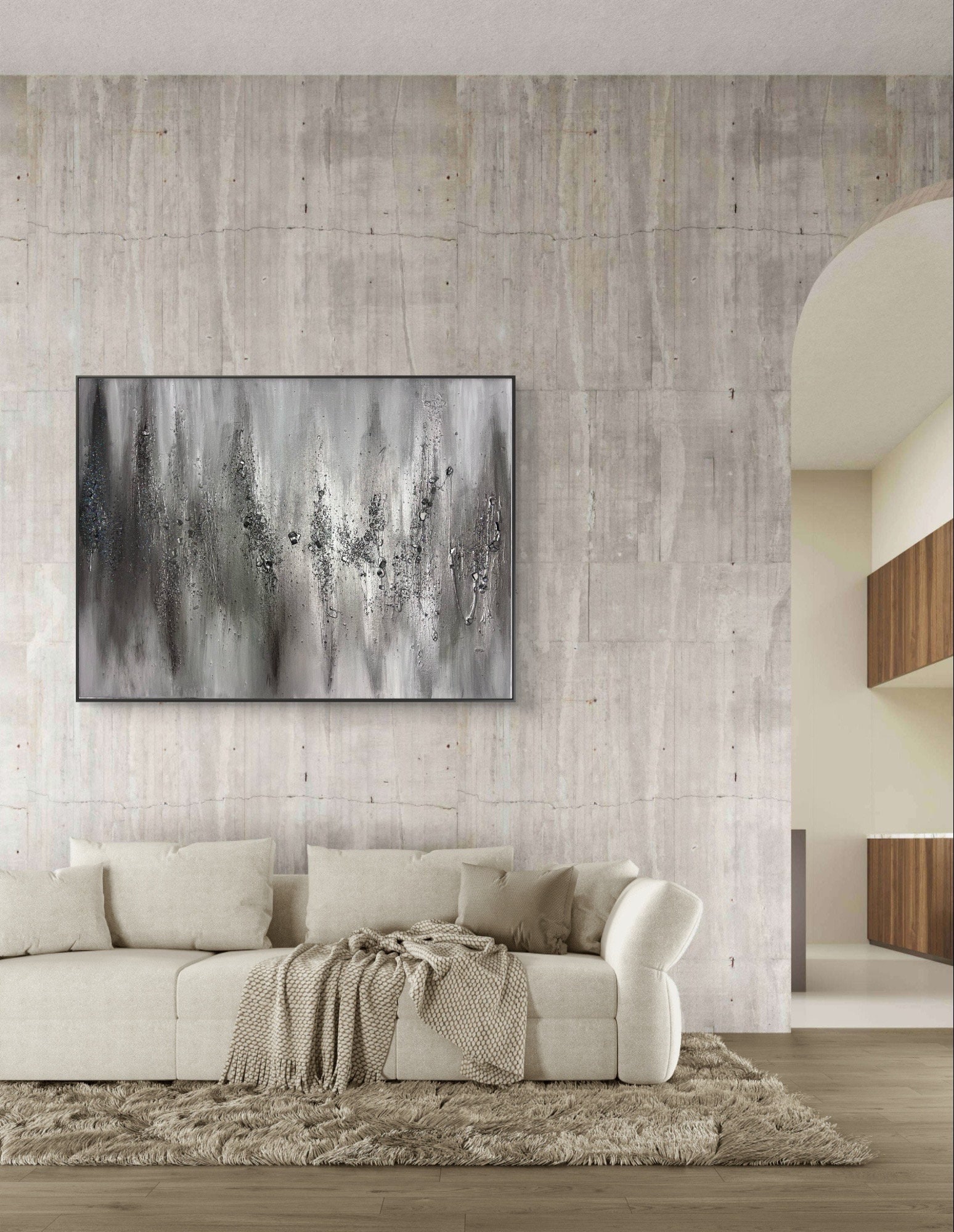 Silver Grey Painting With Glass and Glitter Neurtral Colos Painting - Etsy