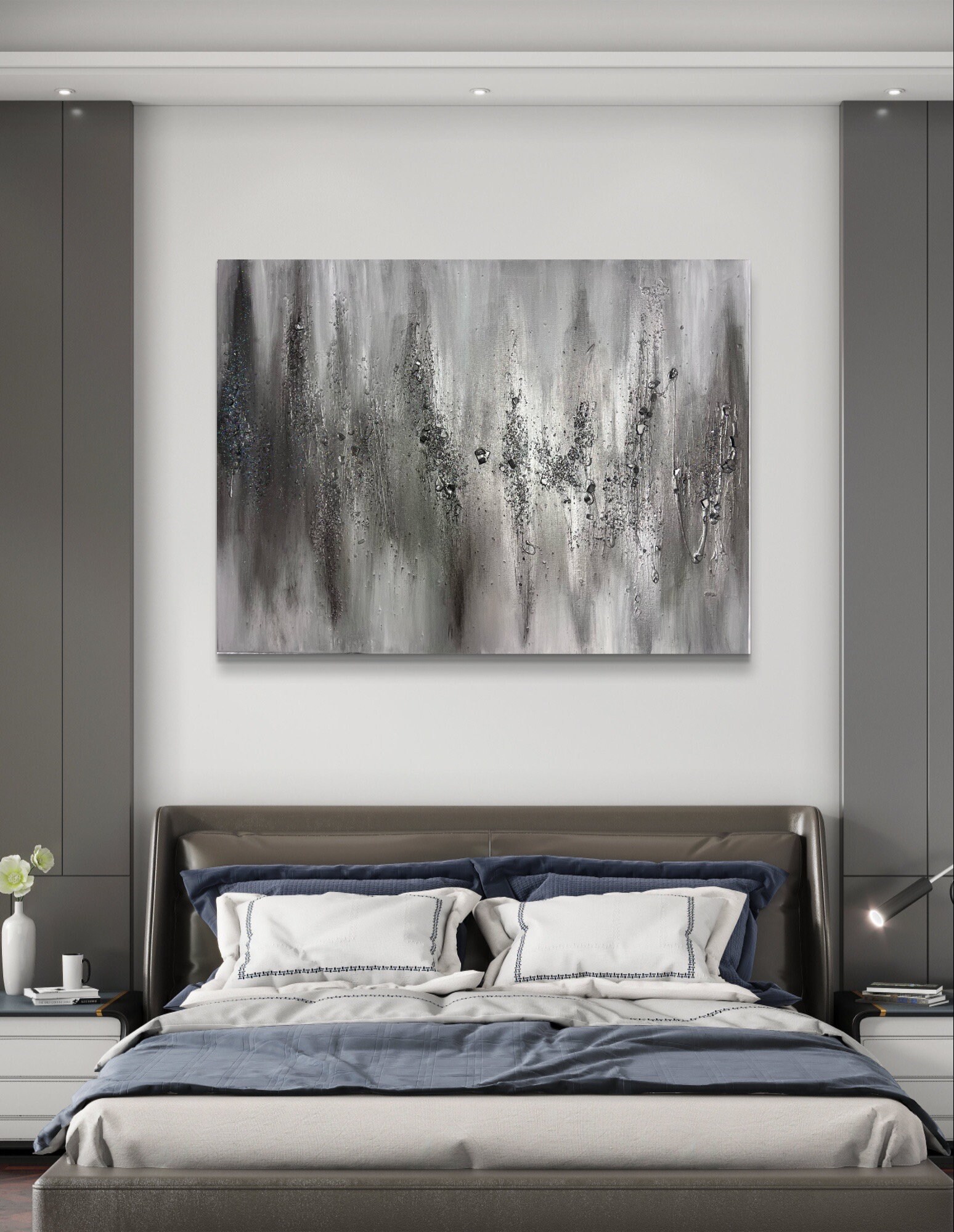 Silver Grey Painting With Glass and Glitter Neurtral Colos Painting - Etsy